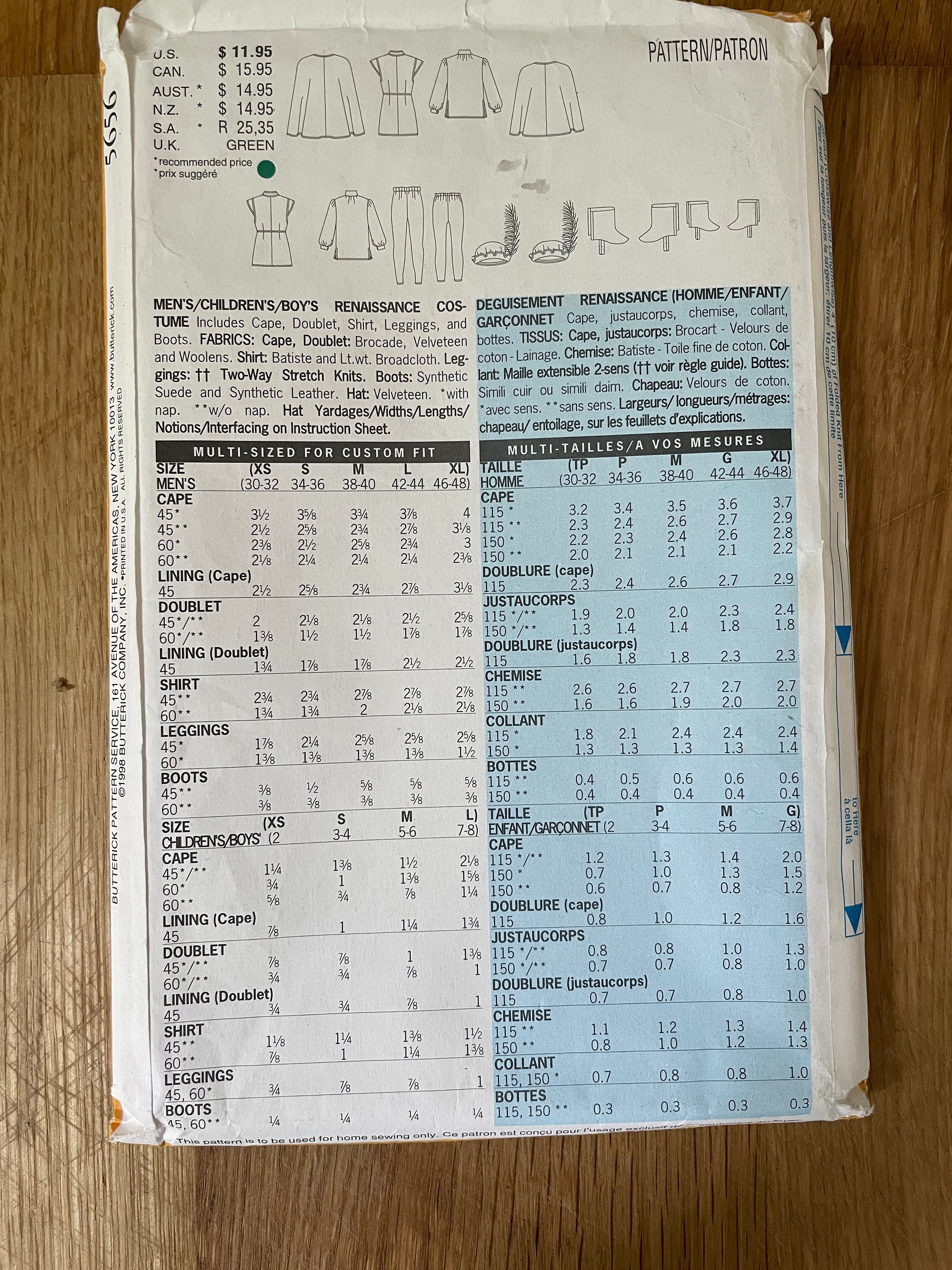 Butterick Pattern 5656 Renaissance Costume, Mens and Boys xs, S, M, L ...