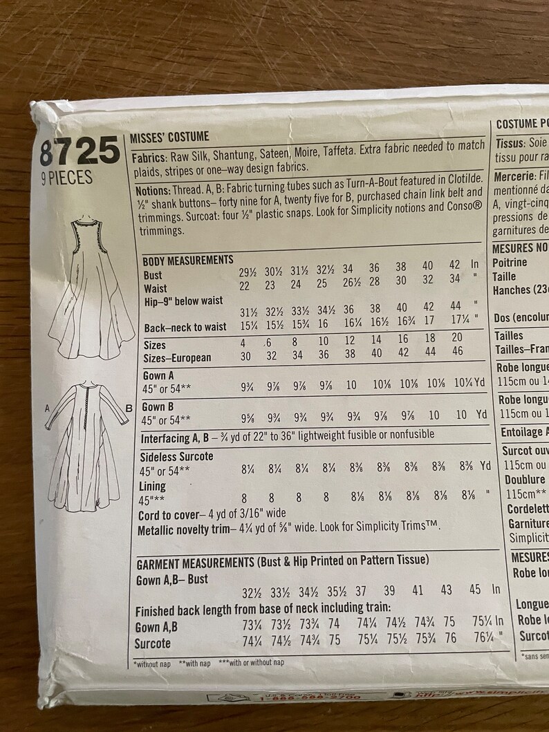 Simplicity 8725, Size 10-12-14 16-18-20 Medieval Dresses, Womens Uncut ...