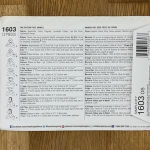 Simplicity 1603, Two Pattern Piece Animals (monkey, Dog, Lamb and Pony ...