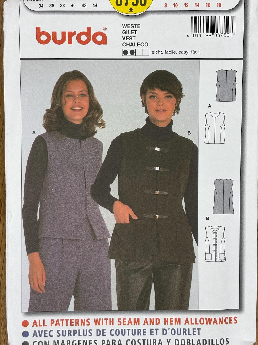 Burda 8750, Size (8-18), Semi-fitted Vest, Women's UNCUT Sewing Pattern ...