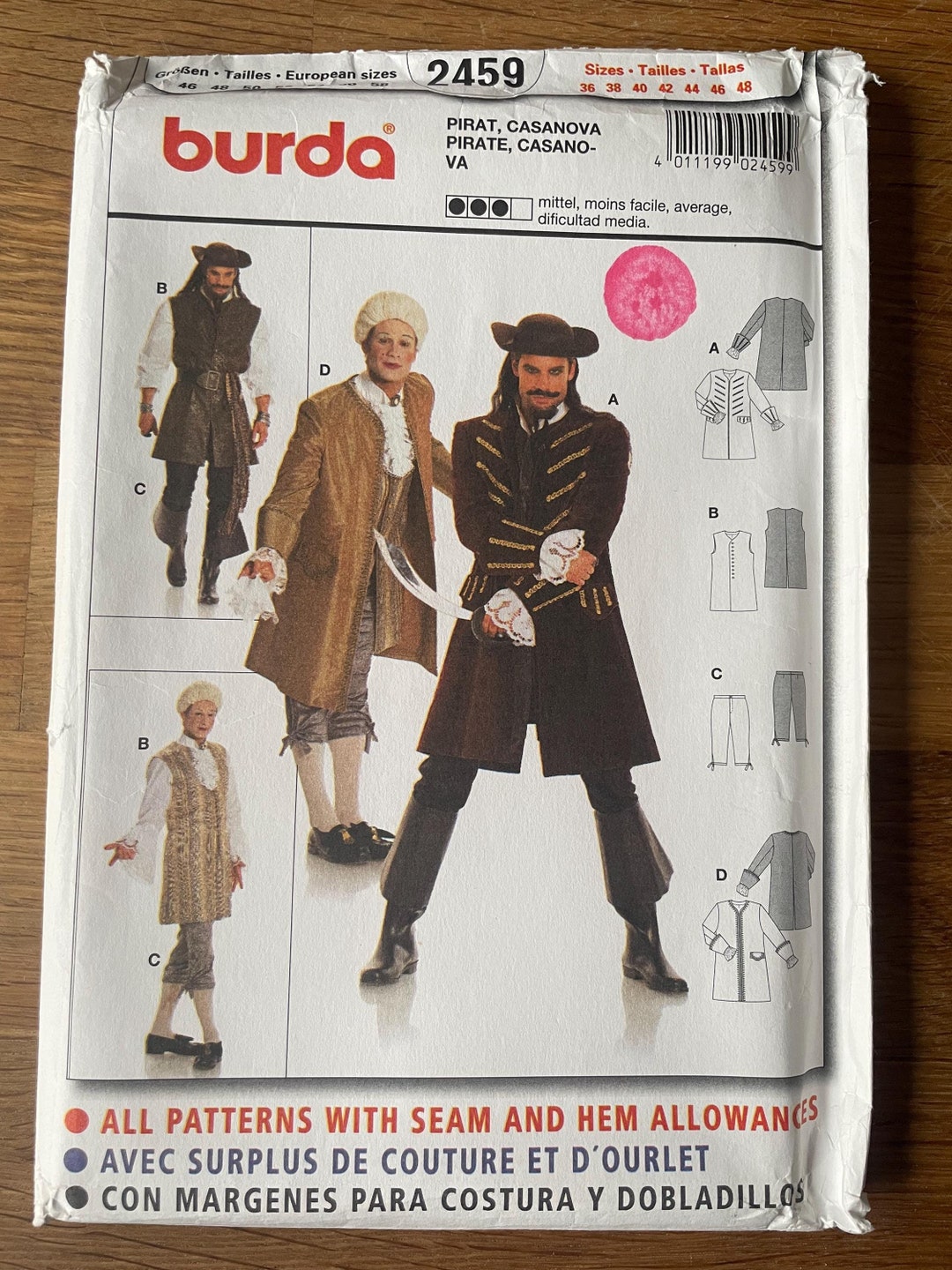 Burda 2459, Size 36-48, Mens Pirates and Casanova Costumes, Uncut ...
