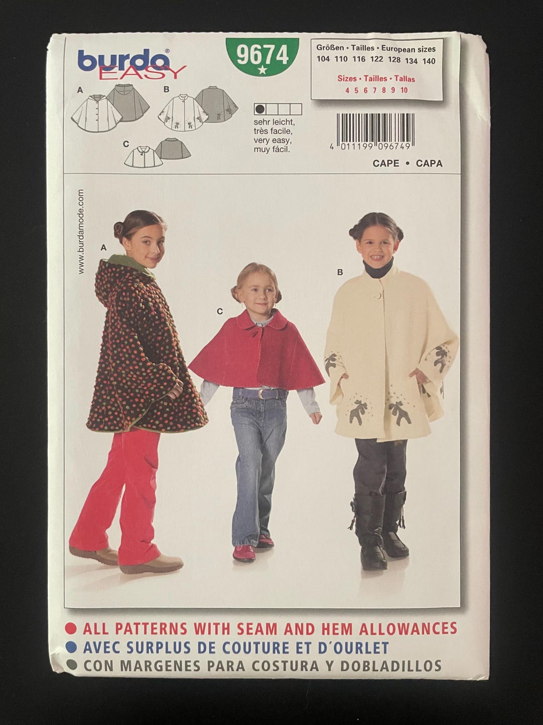 Burda 9674, Size (4-10), Winter Cape, Kids Uncut Sewing Pattern - Etsy