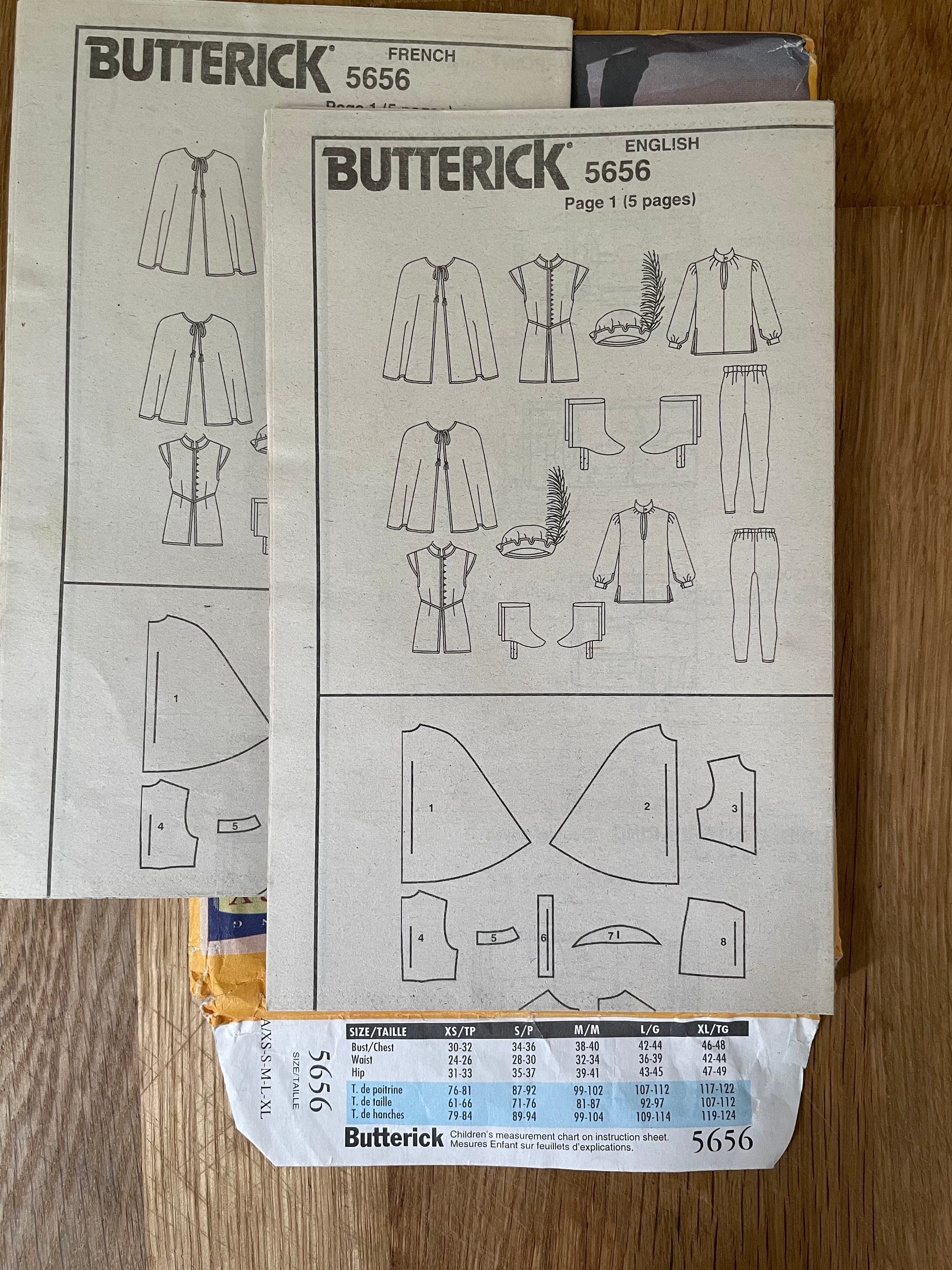 Butterick Pattern 5656 Renaissance Costume, Mens and Boys xs, S, M, L ...
