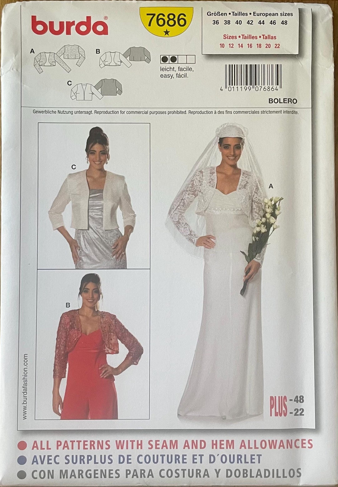 Burda 7686, Size (10-22), Bolero, Women’s Uncut Sewing Pattern - Etsy