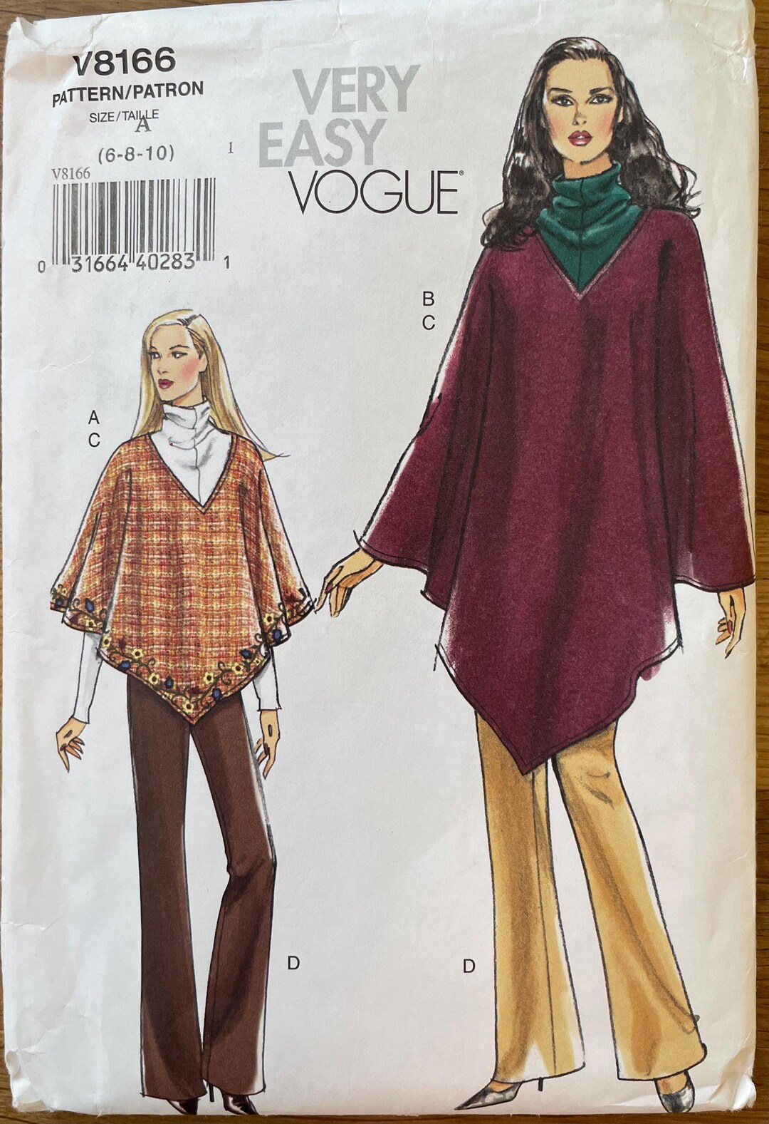 Vogue 8166, Size (6-8-10), Poncho, Top and Pants, Women’s Uncut 2005 ...
