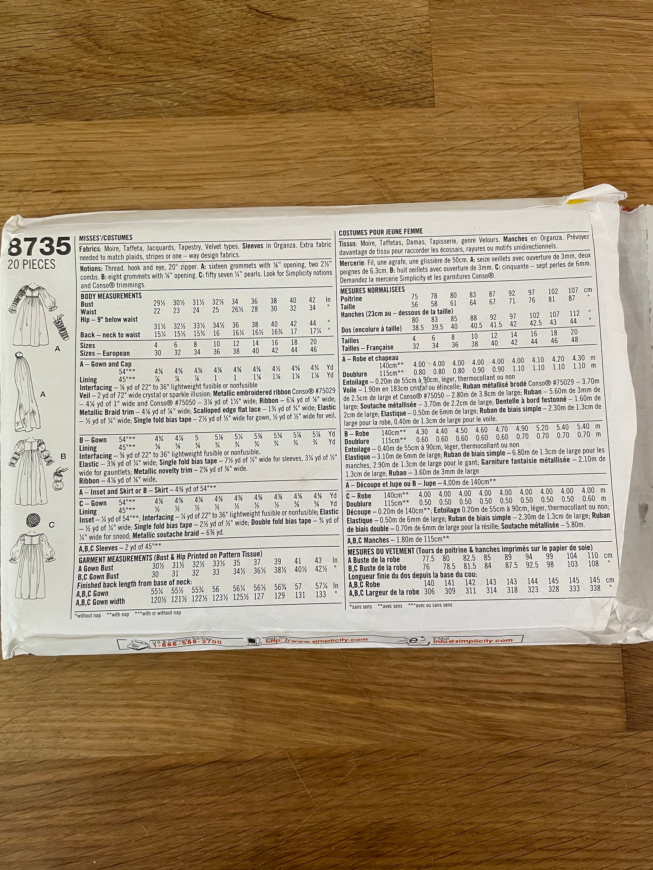 Simplicity Renaissance Pattern 8735, Women Size 4-6-8, 10-12-14, 16-18 ...