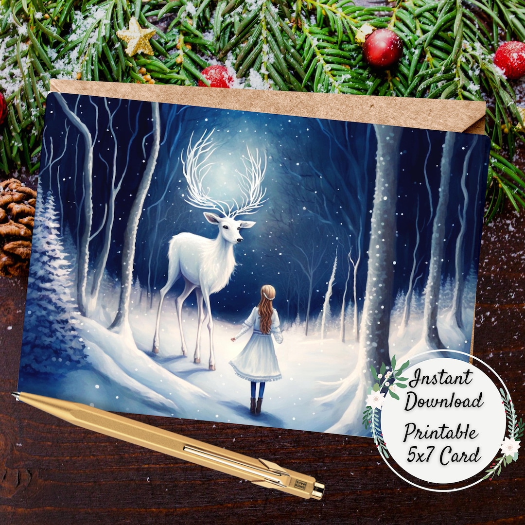 Reindeer and Girl Printable Winter Solstice Greeting Card, Unitarian ...