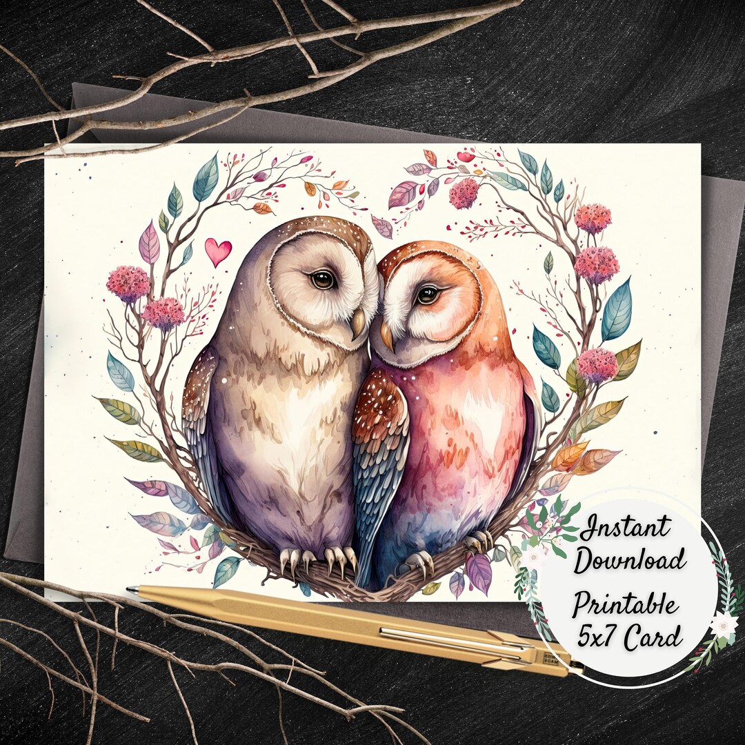Owl Love Printable Valentine's Day Greeting Card, Valentine Digital Art ...