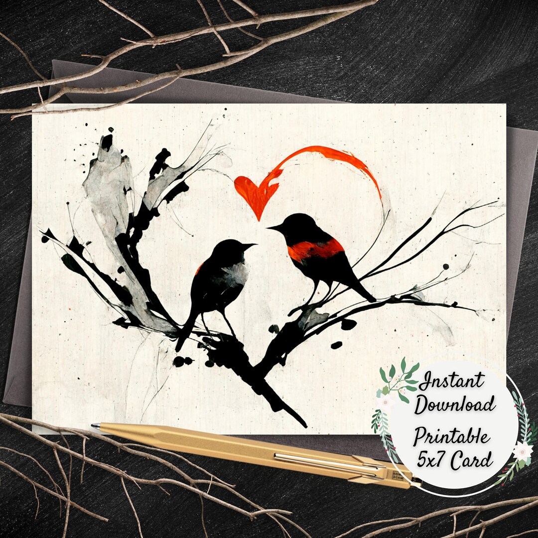 Love Birds Printable Valentine's Day Greeting Card, Romance Digital Art ...