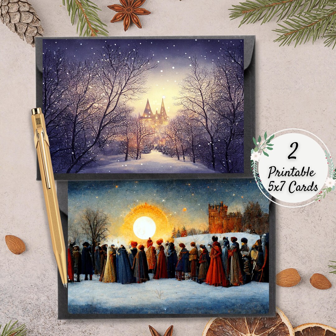 2 Pack of Castle Sunrise Cards, Printable Winter Solstice Greeting Card ...