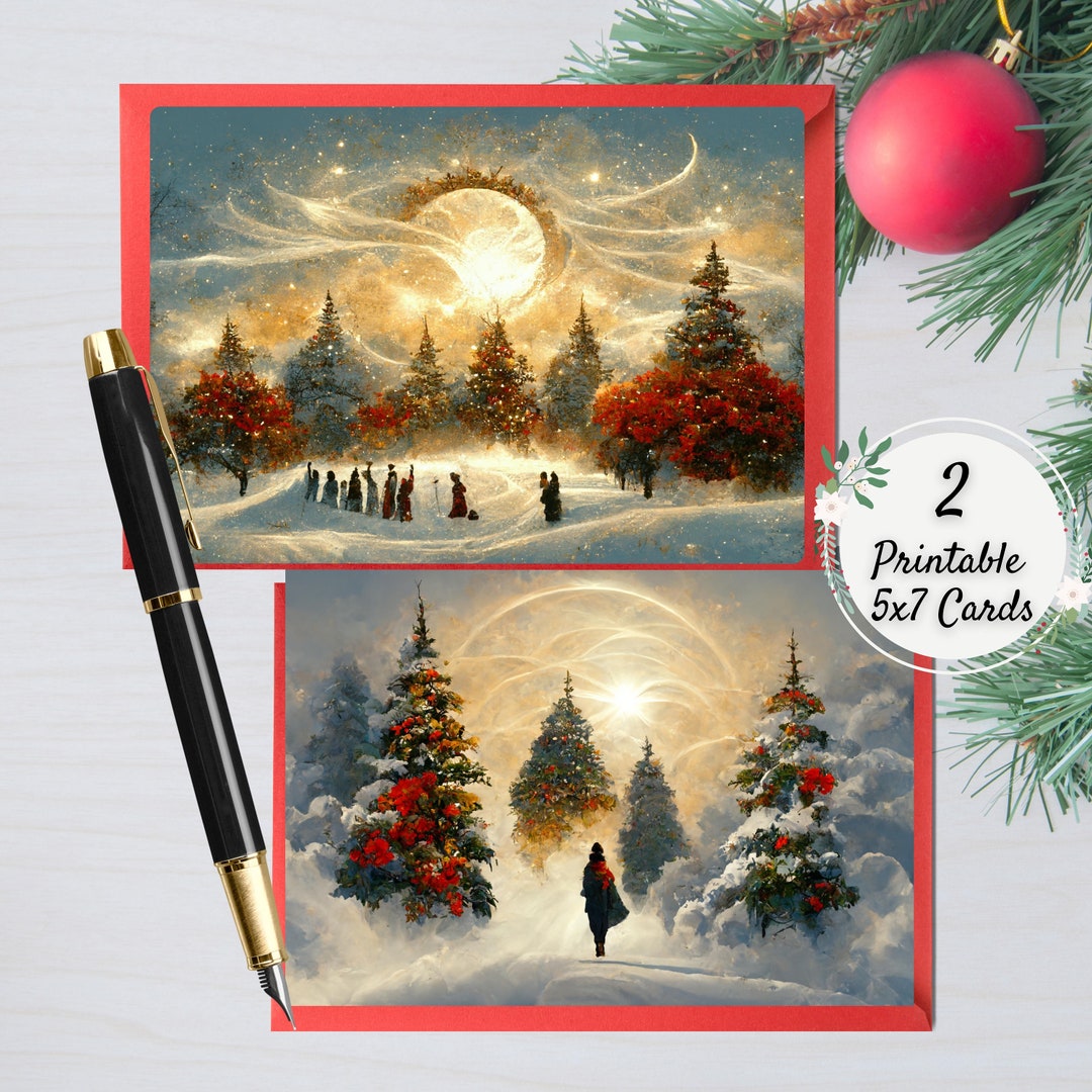 2 Pack of Winter Sunrise Cards, Printable Winter Solstice Greeting Card ...