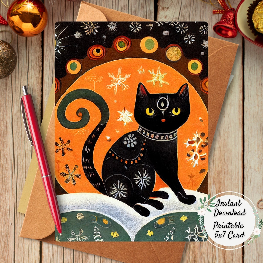 Yule Cat Printable Winter Solstice Greeting Card, Unitarian ...