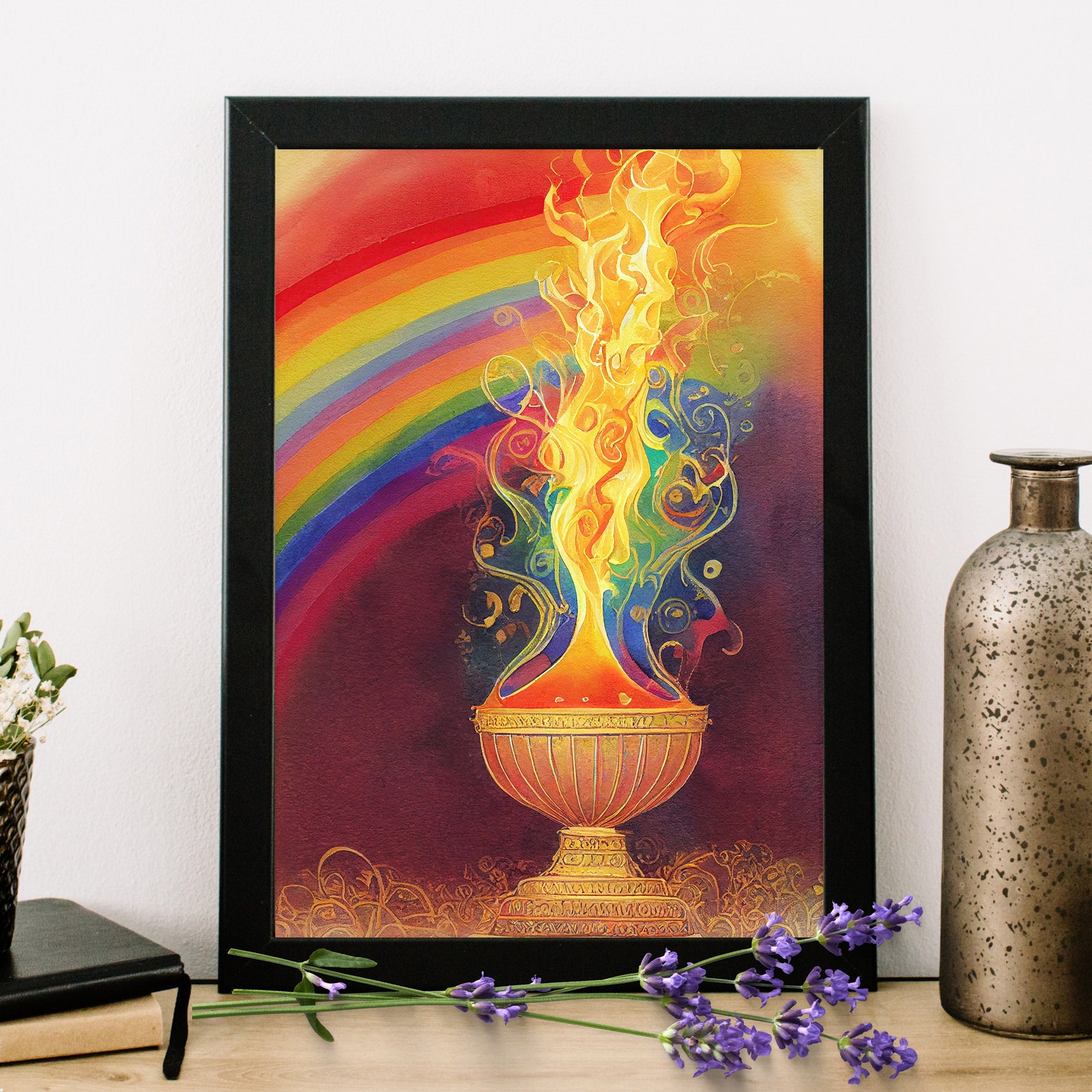Classic Watercolor Flaming Chalice Digital Art Print, UU Printable Wall ...