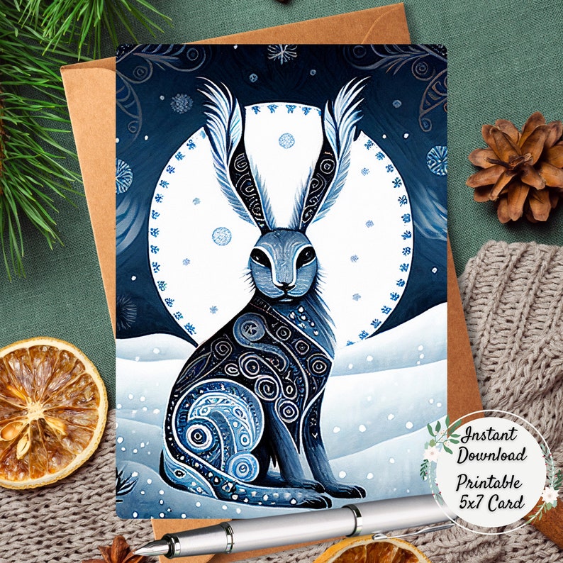 Rabbit Printable Winter Solstice Greeting Card Unitarian - Etsy