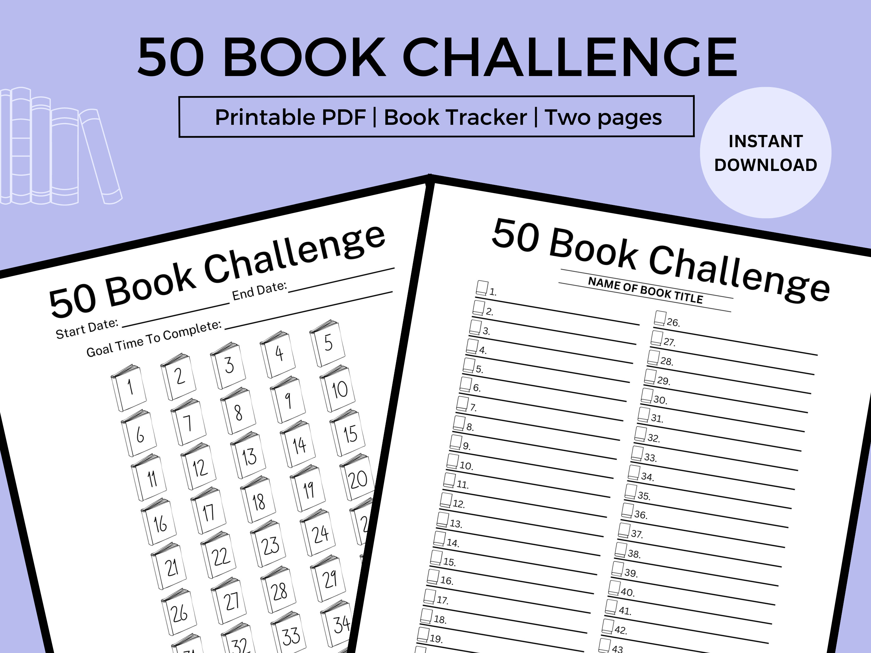 50 Book Challenge & List Printable Two Page Document - Etsy