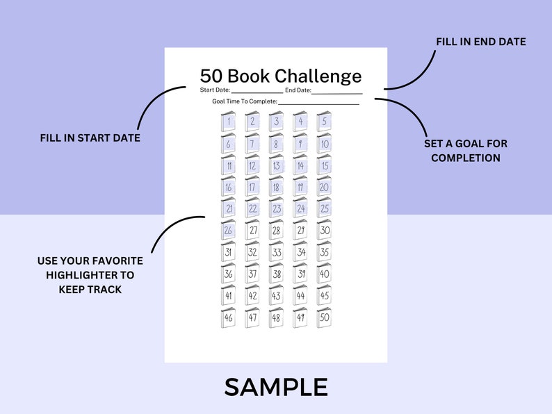 50 Book Challenge & List Printable Two Page Document - Etsy