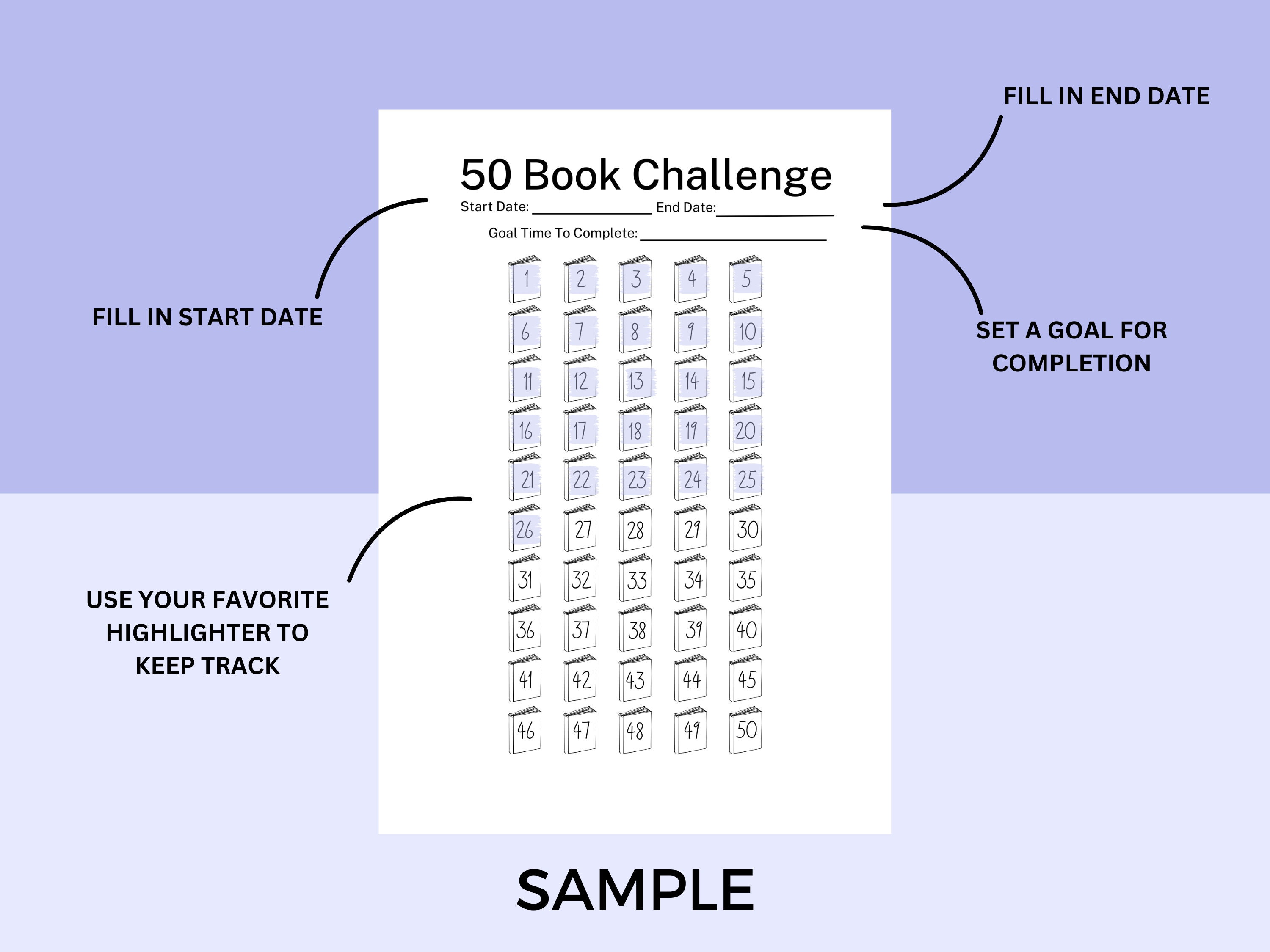 50 Book Challenge & List Printable Two Page Document - Etsy