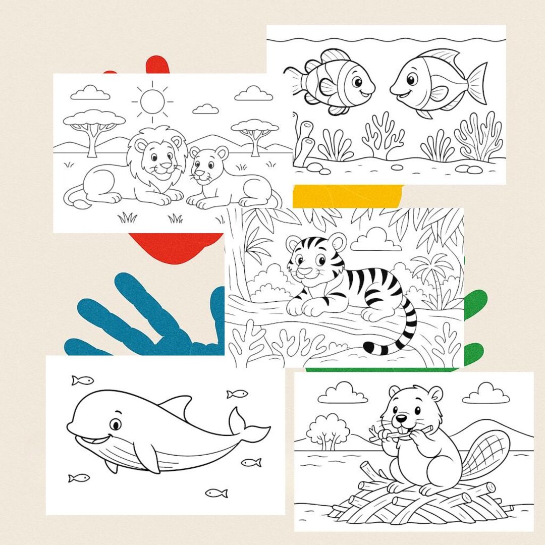 5x Animals Printable Coloring Page – Creative Craft Activity for ...