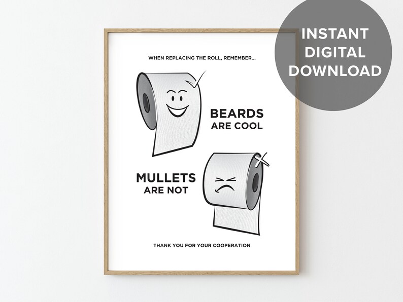 Funny Bathroom Wall Art Printable: Beards Are Cool, Mullets Are Not ...