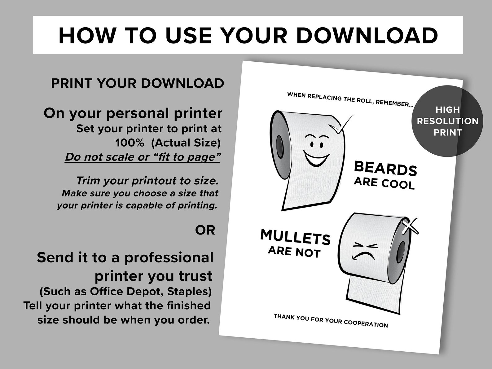 Funny Bathroom Wall Art Printable: Beards Are Cool, Mullets Are Not ...