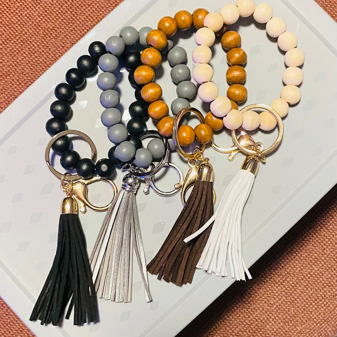 Wood Bead Keychain-wooden Bead Keychain-wrist Keychain-keychain-wooden ...