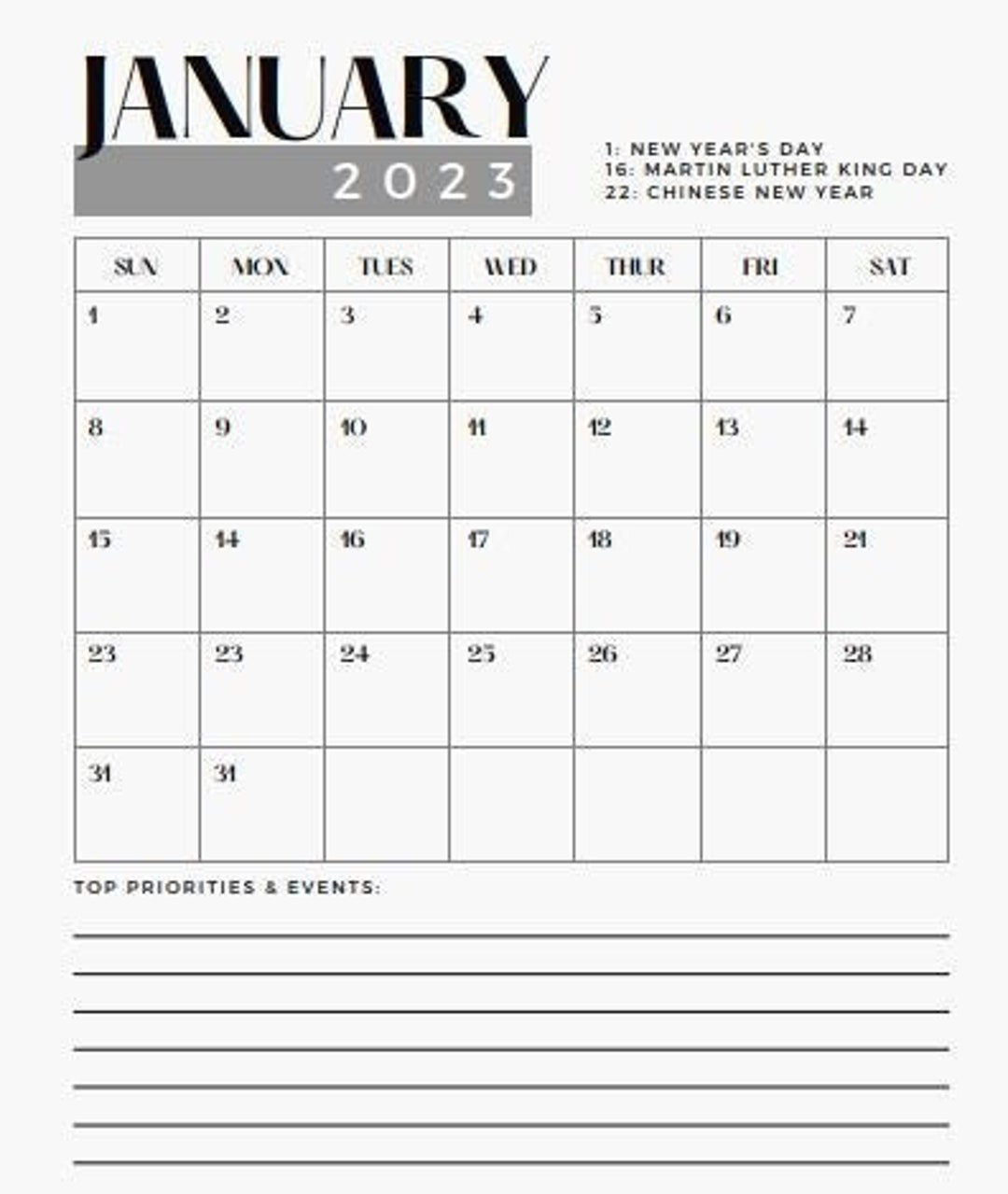 2023 Monthly Calendar PDF Letter Size Printable, Modern Calendar for ...