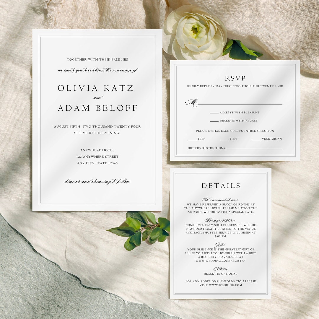 Classic Wedding Invitation Template Suite, RSVP and Detail Card ...