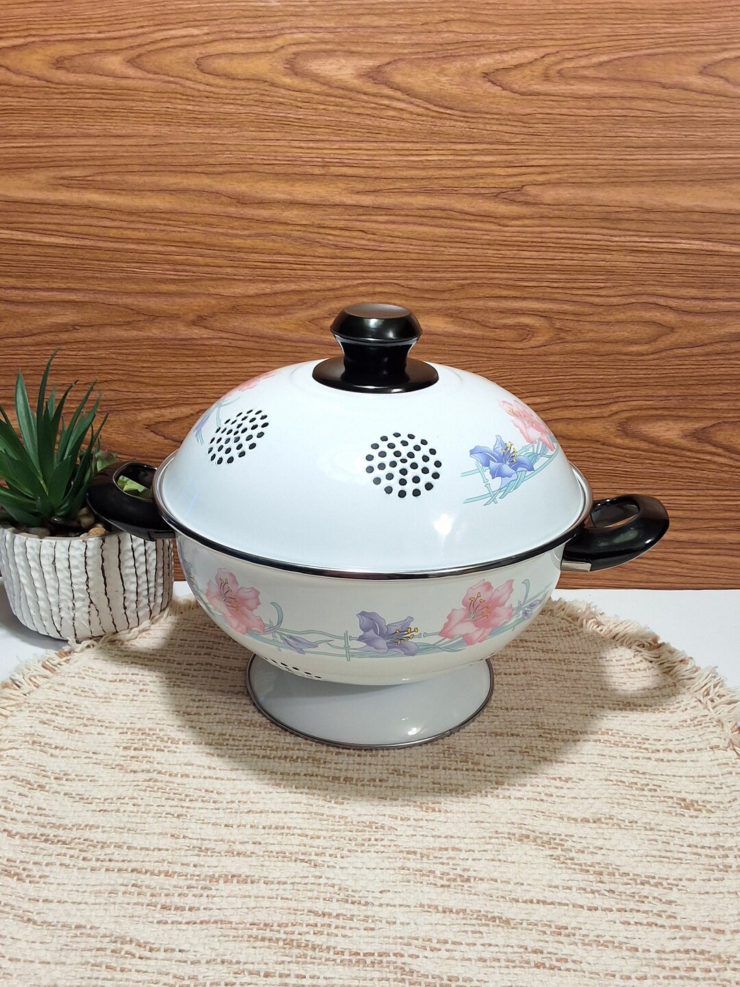 Vintage GMI Iris Floral Enameled Metal Pedestal Colander/strainer W/lid ...