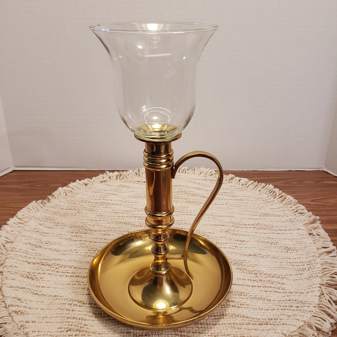 Vintage Large Brass Chamberstick Candle Holder W/glass Votive - Etsy