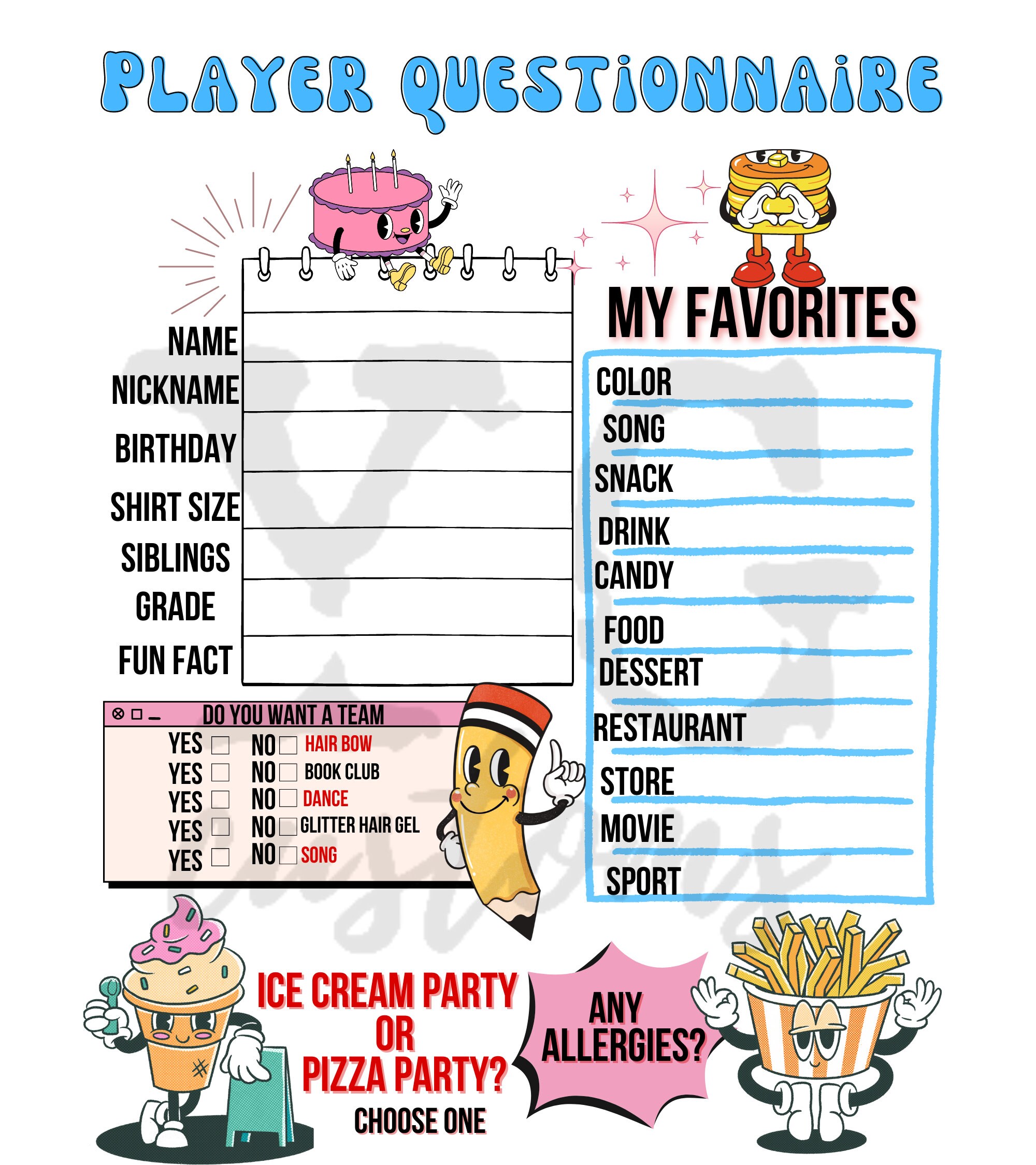 Custom Player Questionnaire | Softball | Team Mom | Youth | Team Sports ...