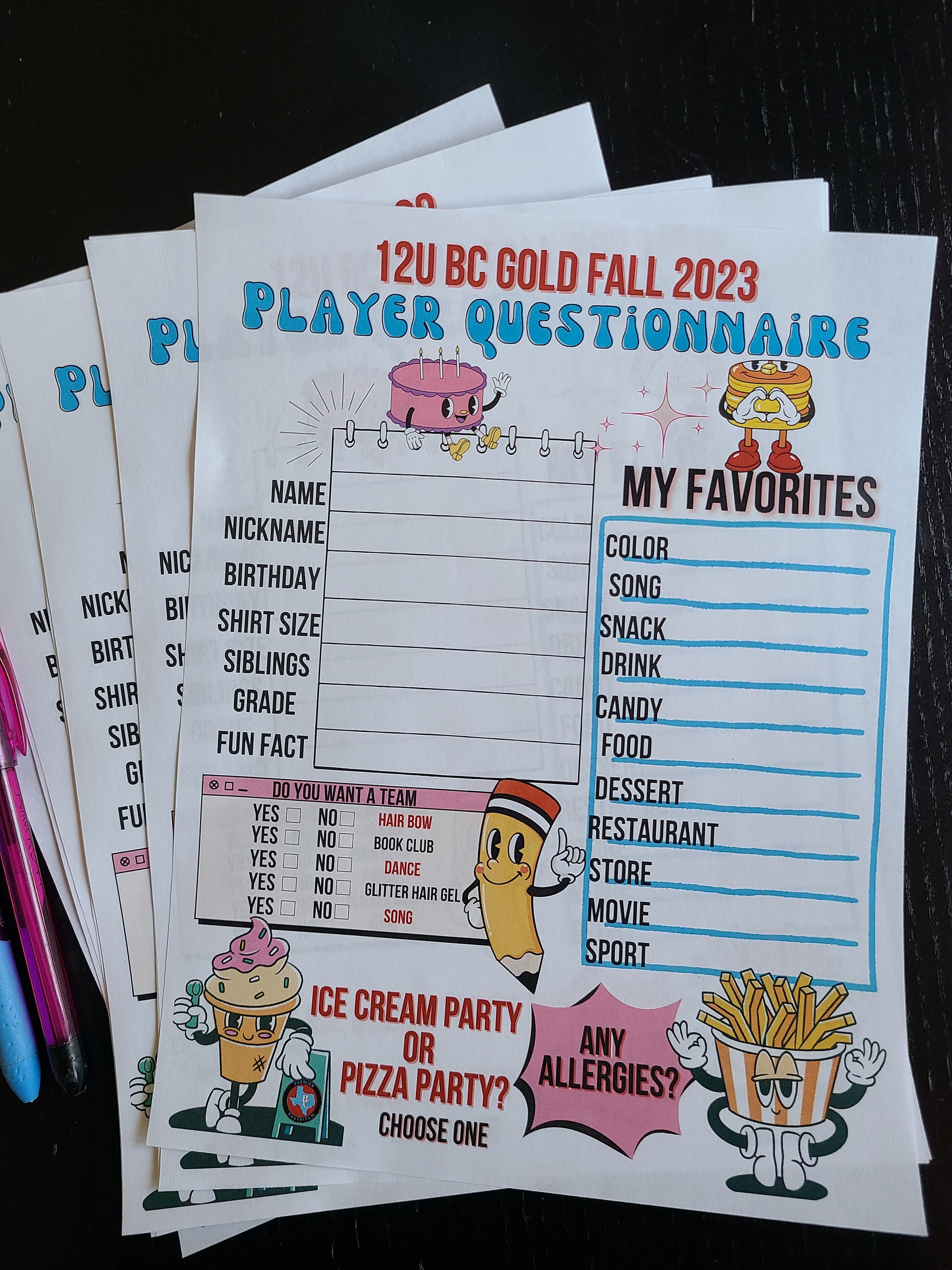 Player Questionnaire | Softball | Team Mom | Youth | Team Sports - Etsy