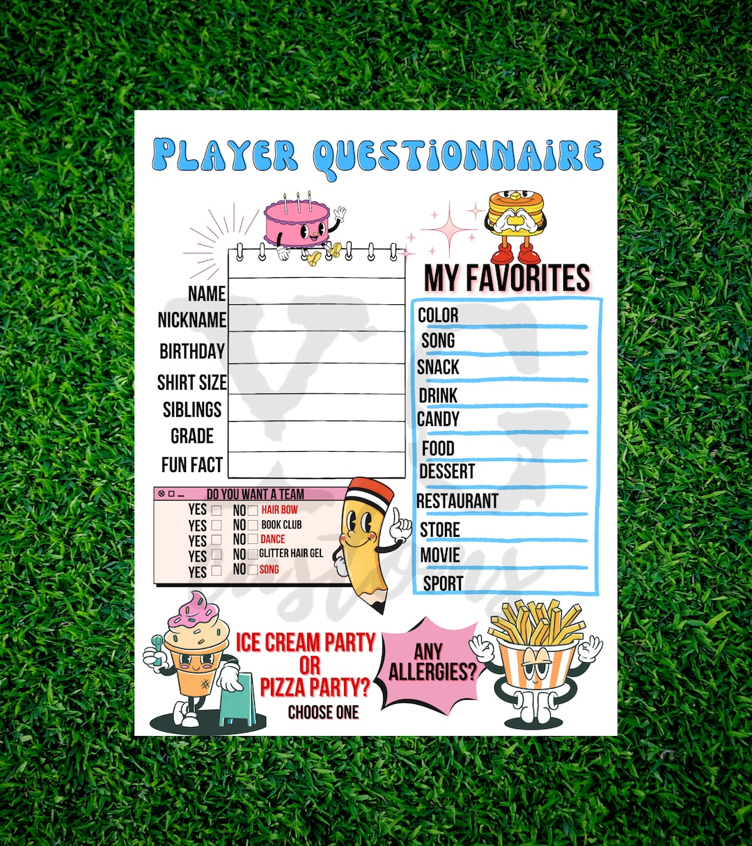 Player Questionnaire | Softball | Team Mom | Youth | Team Sports - Etsy