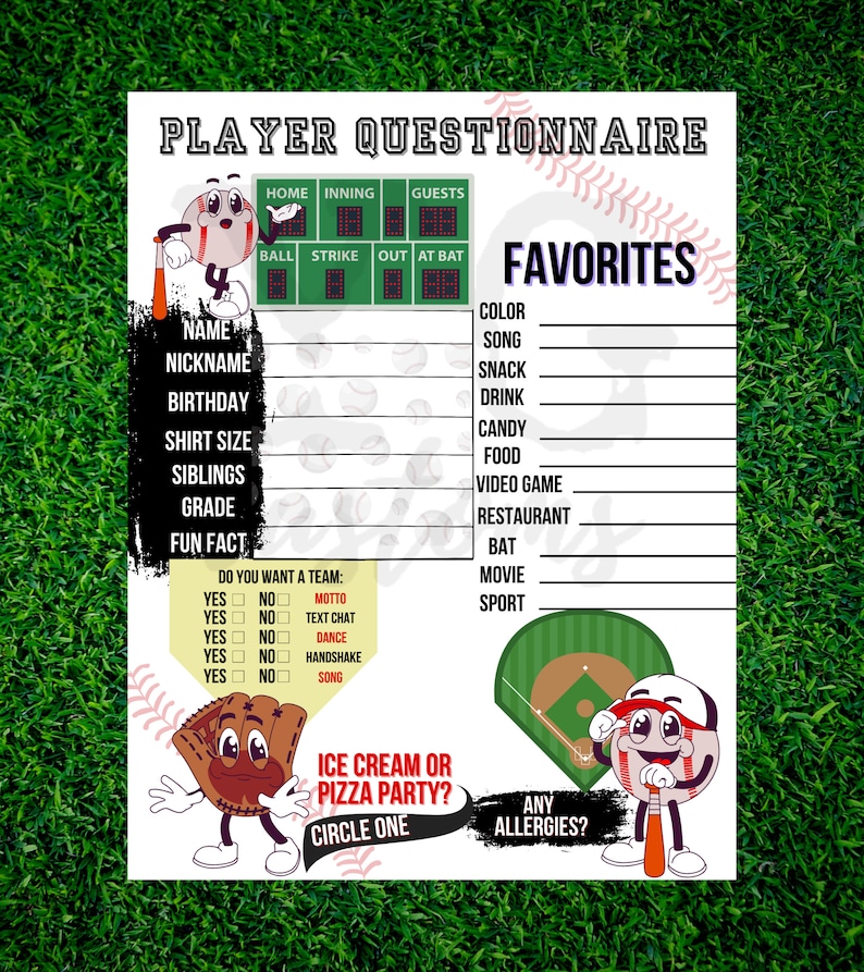 Player Questionnaire |baseball | Team Mom | Youth | Team Sports - Etsy