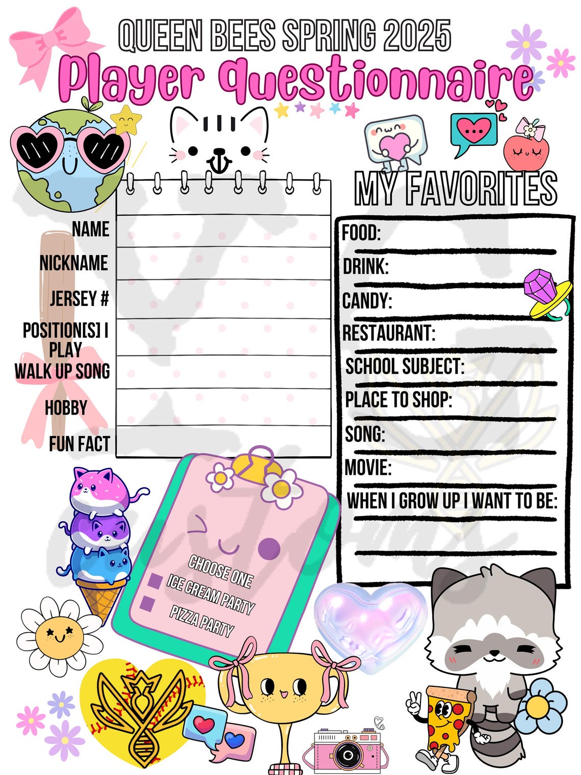 Girly Custom Player Questionnaire | Softball | Team Mom | Youth | Team ...