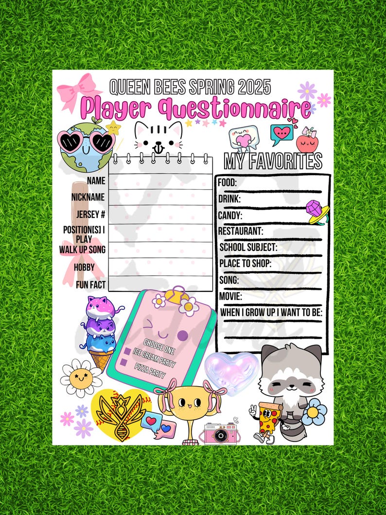 Girly Custom Player Questionnaire | Softball | Team Mom | Youth | Team ...