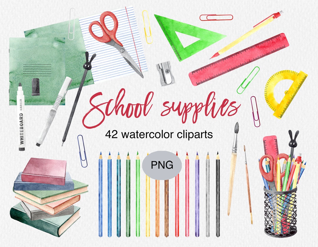 School Supplies Watercolor Clipart, Back to School Watercolor Set ...