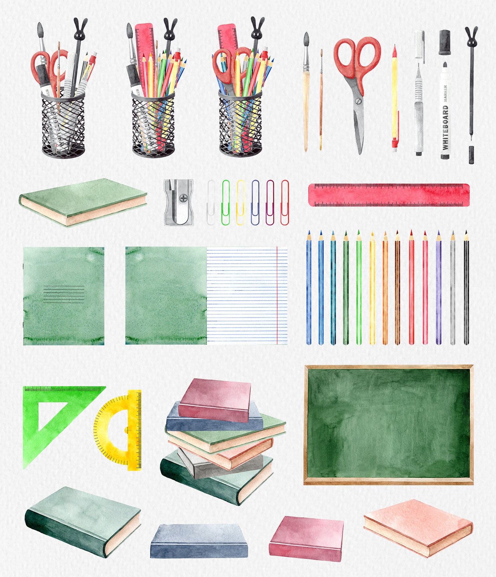 School Supplies Watercolor Clipart, Back to School Watercolor Set ...
