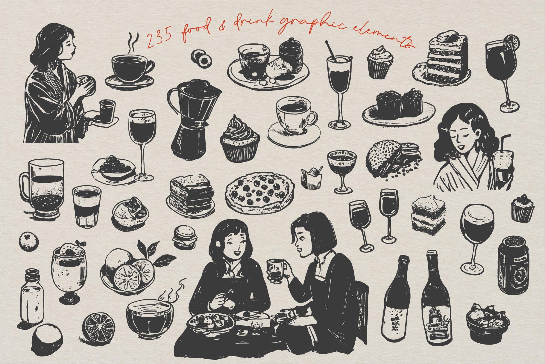 Line Art Clipart, Hand Drawn Food and Drink Illustration, Doodle Dinner ...