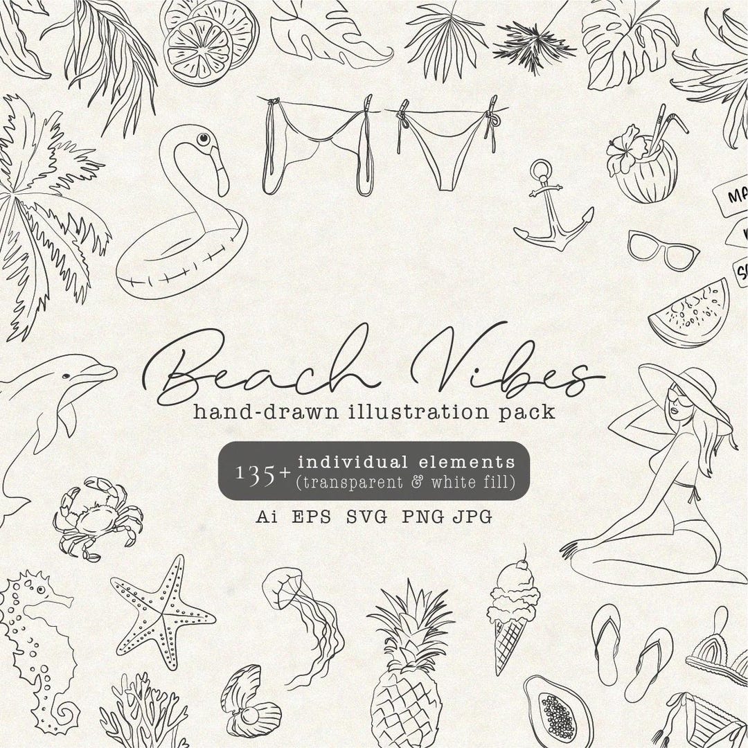 Beach Line Art Clipart, Summer Aesthetic Illustrations, Minimal Coastal ...