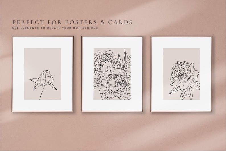 Minimalist Line Art Peonies, Floral Illustrations, Botanical Clipart ...