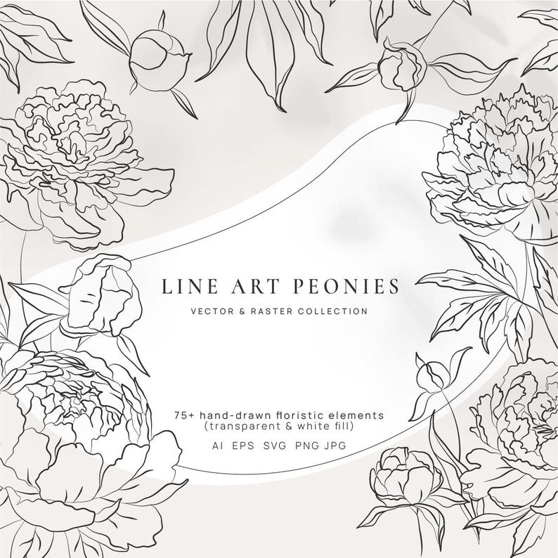 Minimalist Line Art Peonies, Floral Illustrations, Botanical Clipart ...