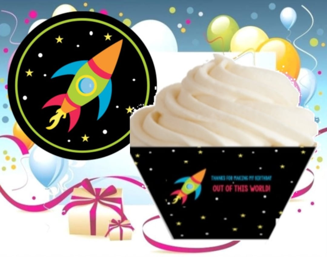 Out of This World Rocket Happy Birthday Cupcake Wrapper & Topper Set ...