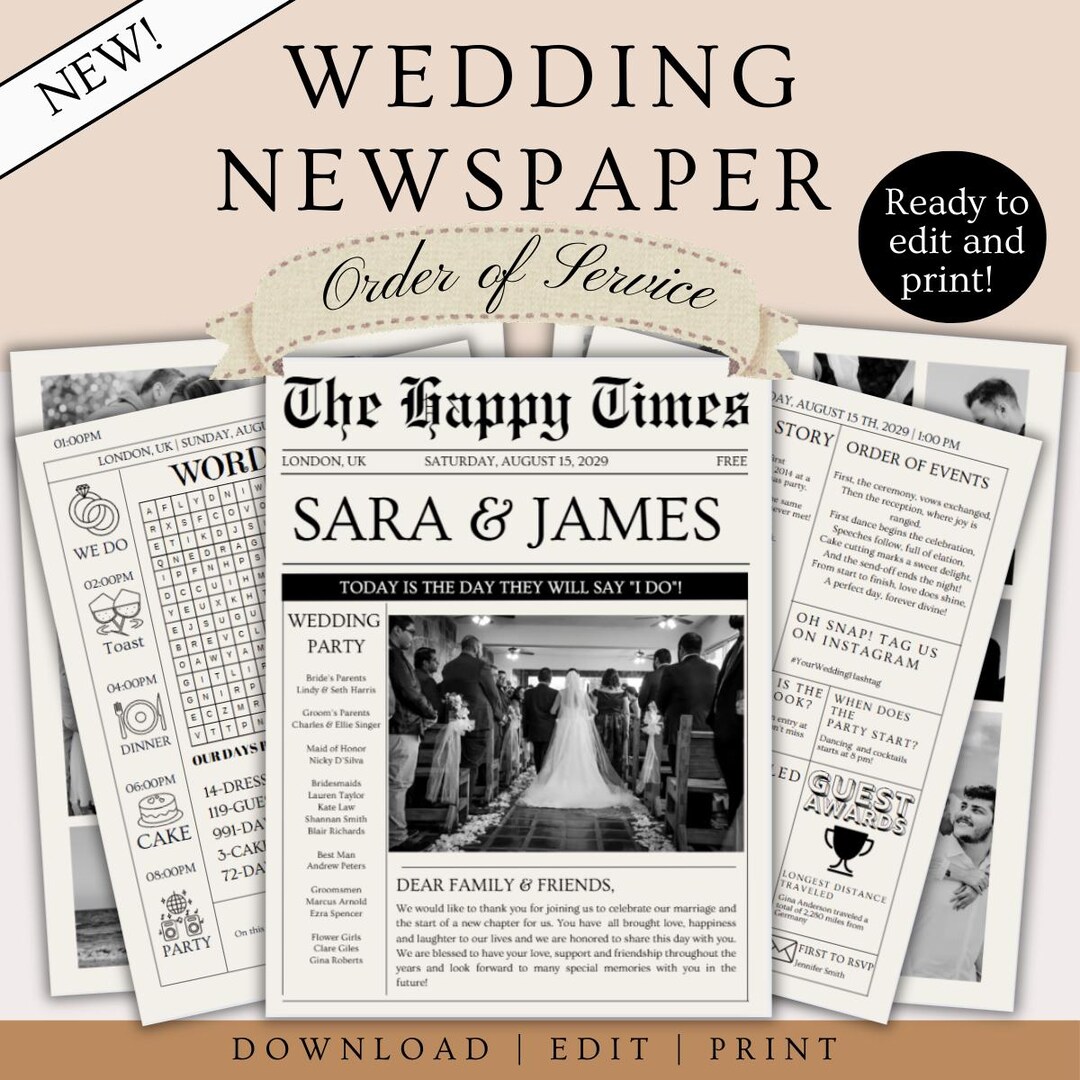 Wedding Newspaper, Order of Service Template, Editable Program ...