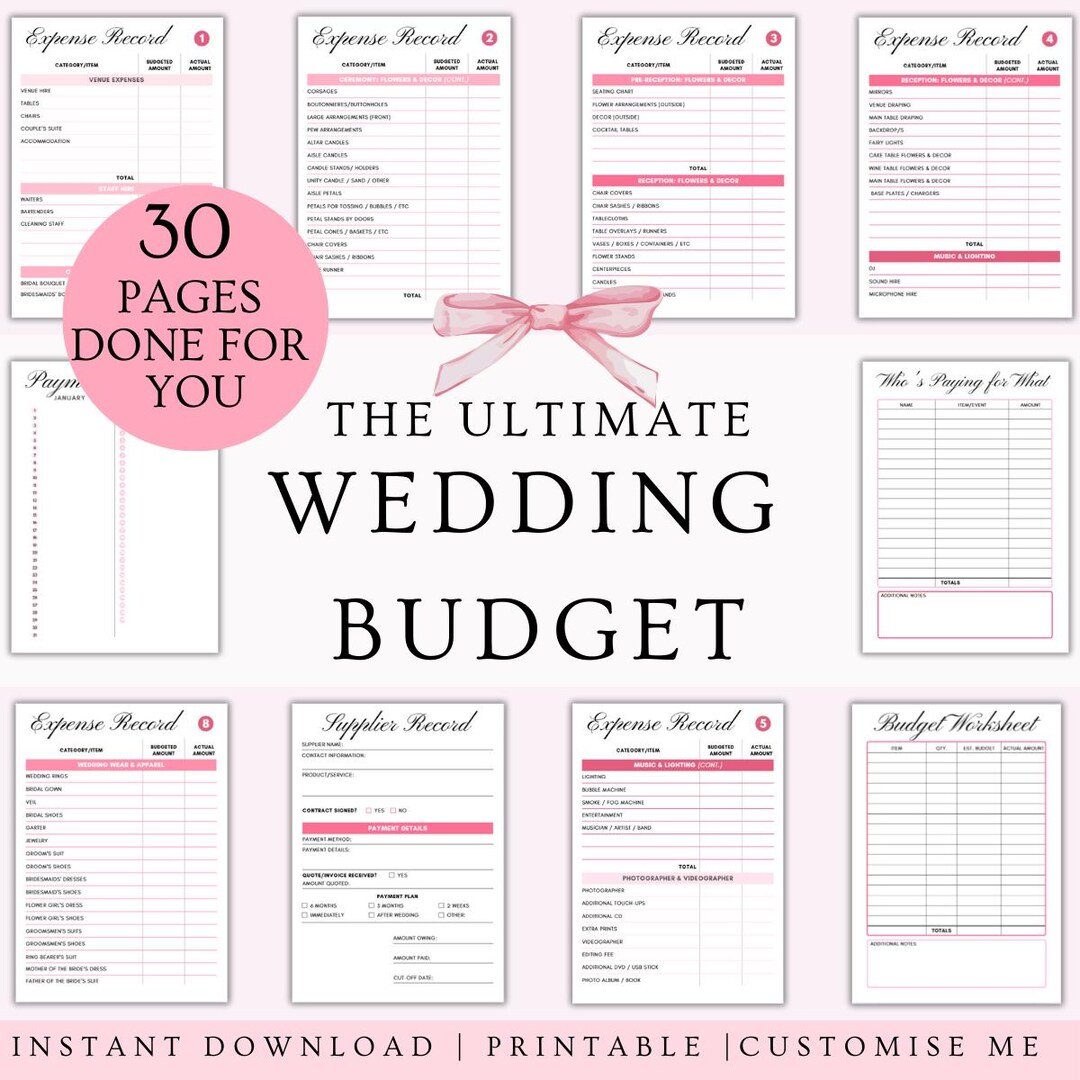WEDDING BUDGET Printable, Pink Planner Bundle, Budget Binder Book ...