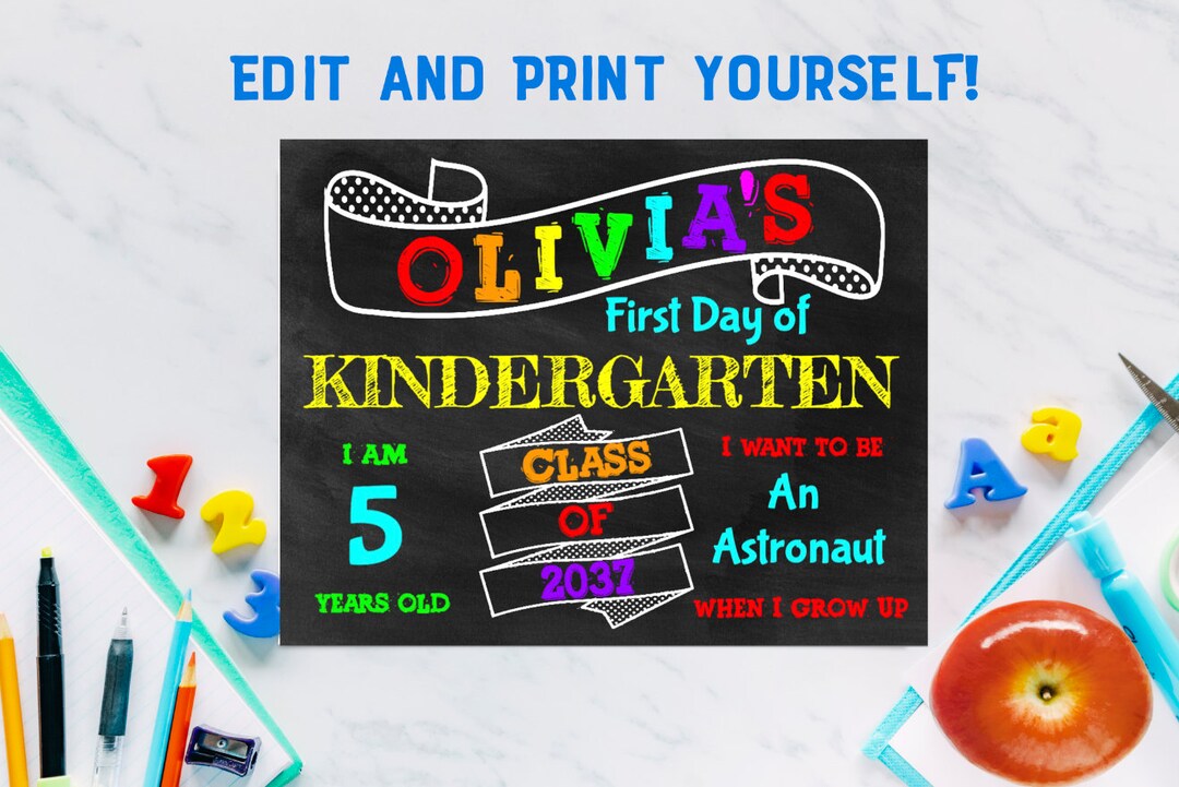 Editable First Day of School Chalkboard Sign - Personalize With Name ...