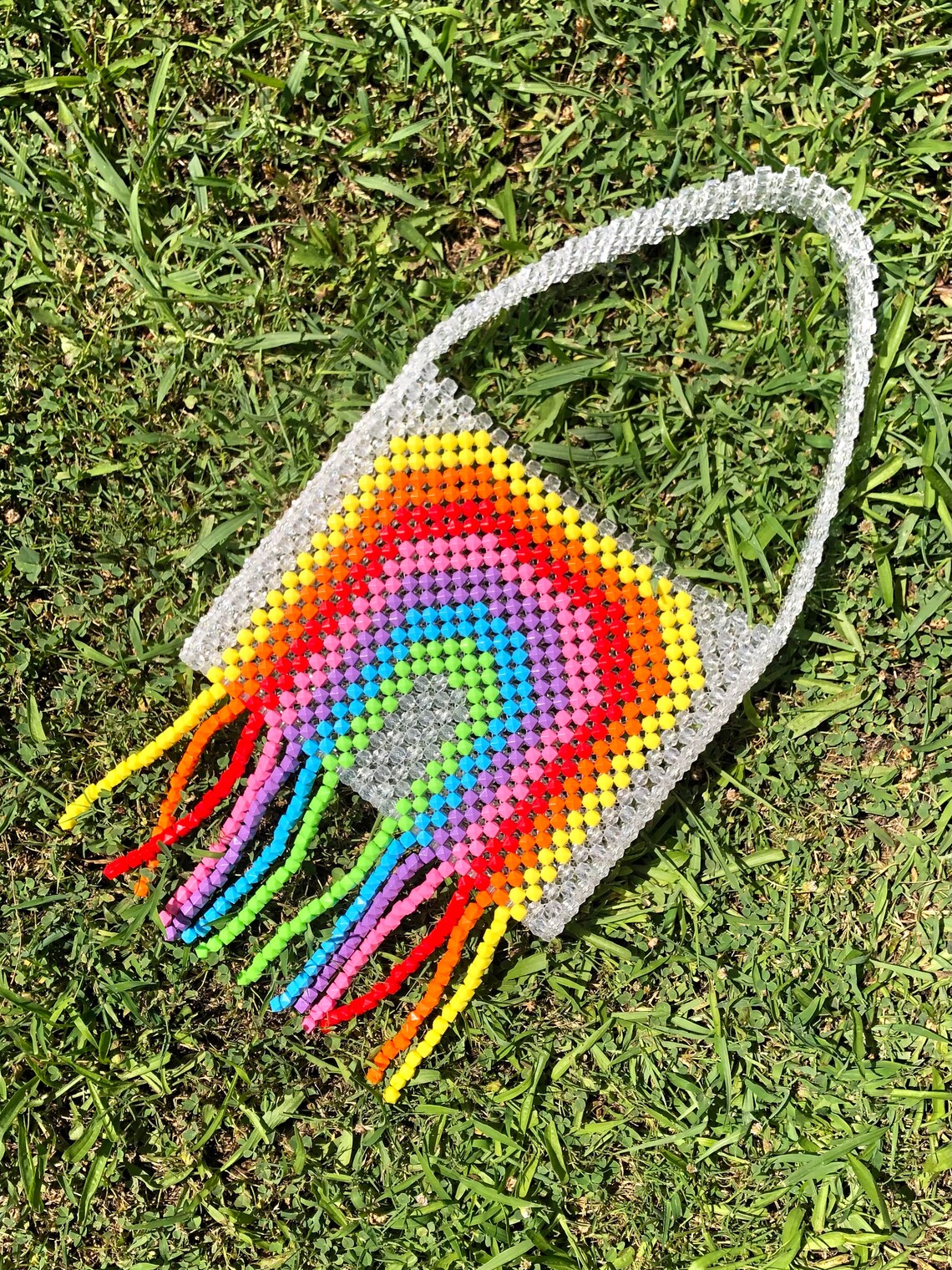 Colorful Handmade Beaded Bag, Cute Design Shoulder Bag, Rainbow Everyday Bag, Aesthetic Beaded ...