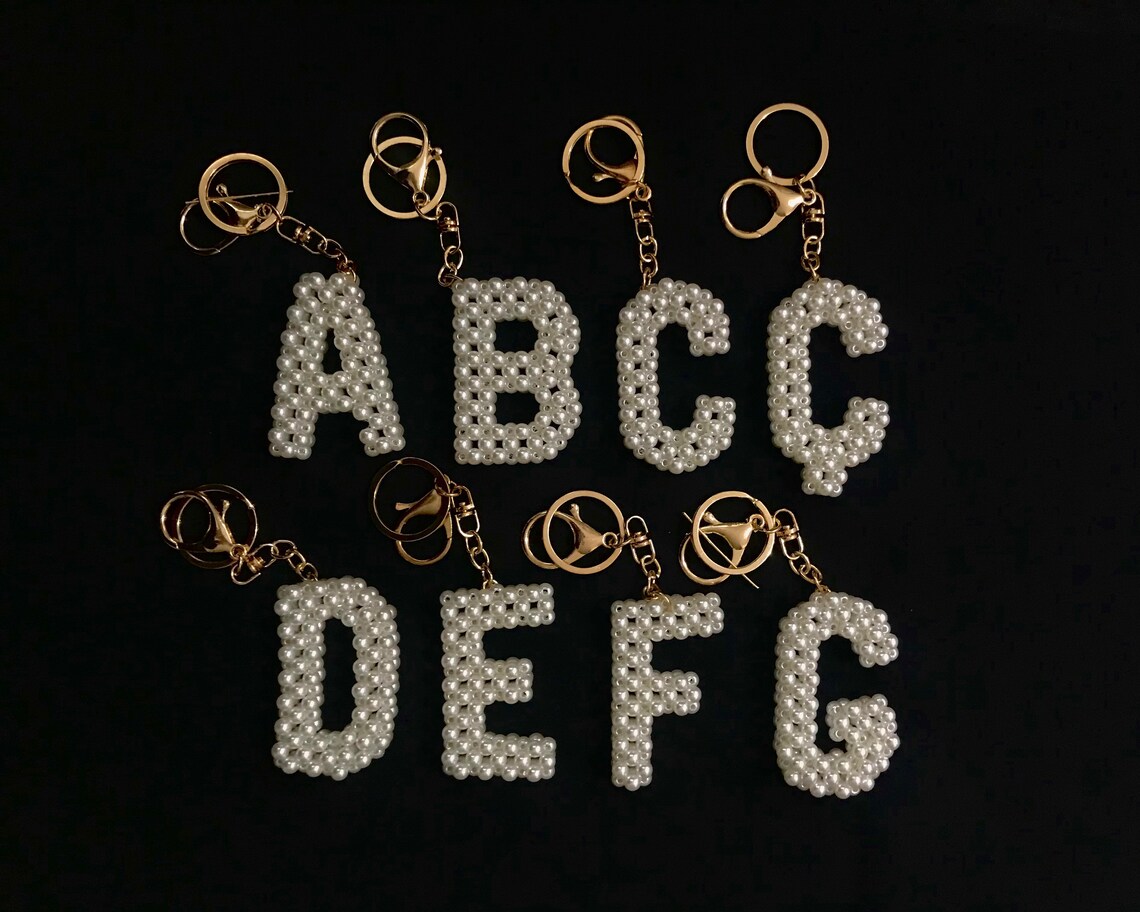 Personalized White Pearl Beaded Keychain, Custom Letter Keychain ...