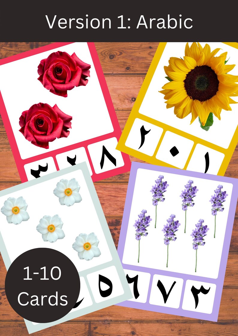 Tema de flores en inglés y árabe Tarjetas de conteo y clip 1-10 / 2 ...