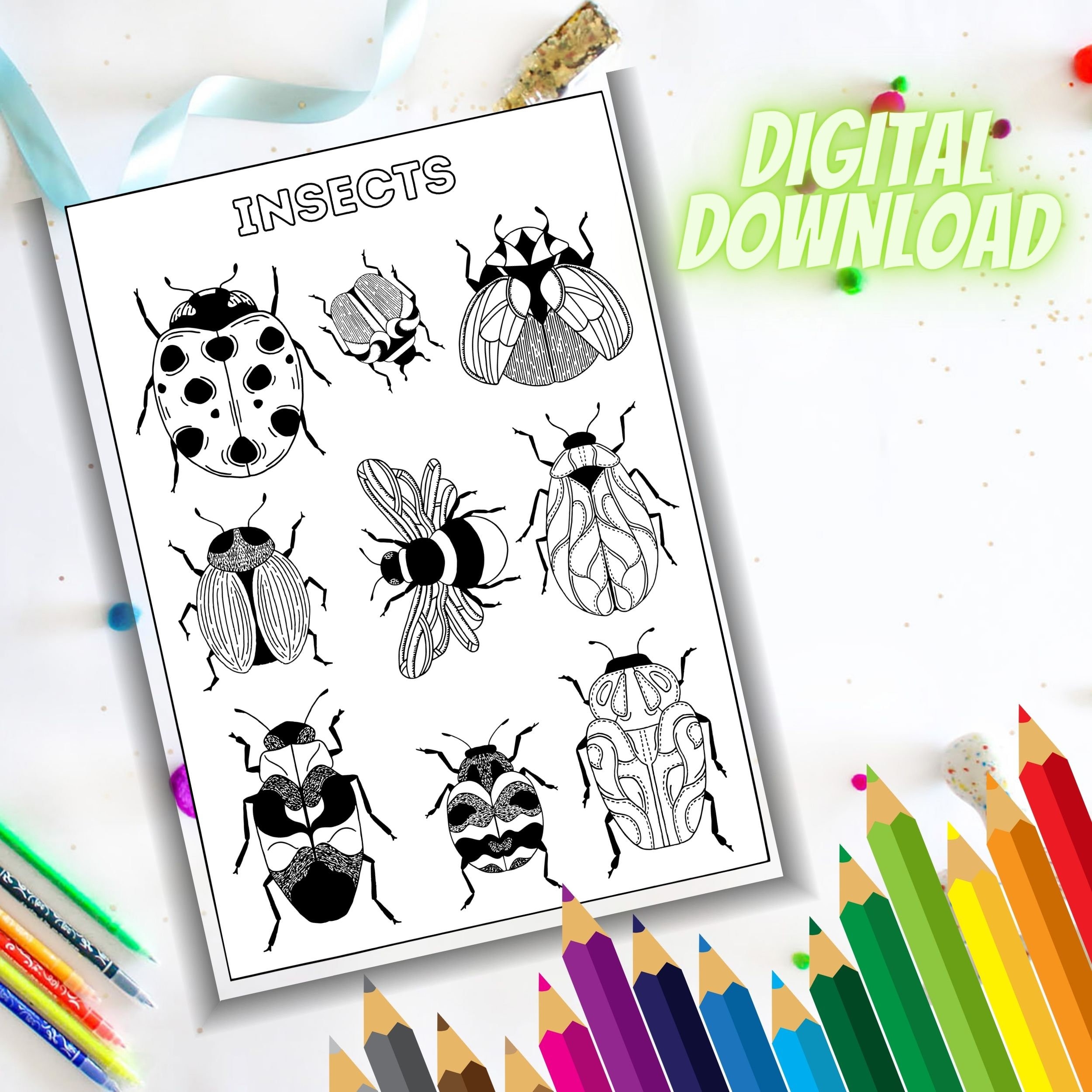 Adult Colouring Page Instant Download, Printable Coloring Page, Insects ...