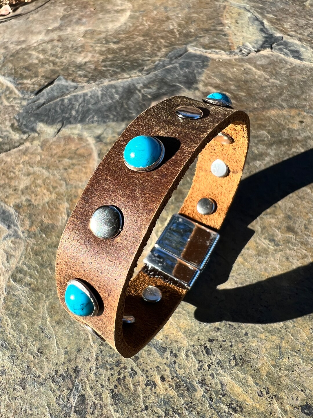 Handmade Genuine Leather Bracelet With Faux Turquoise Rivets and Silver ...